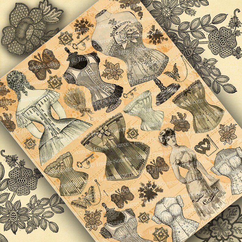 Victorian Corsets and Lace Clip Art Digital Collage Sheet | Etsy