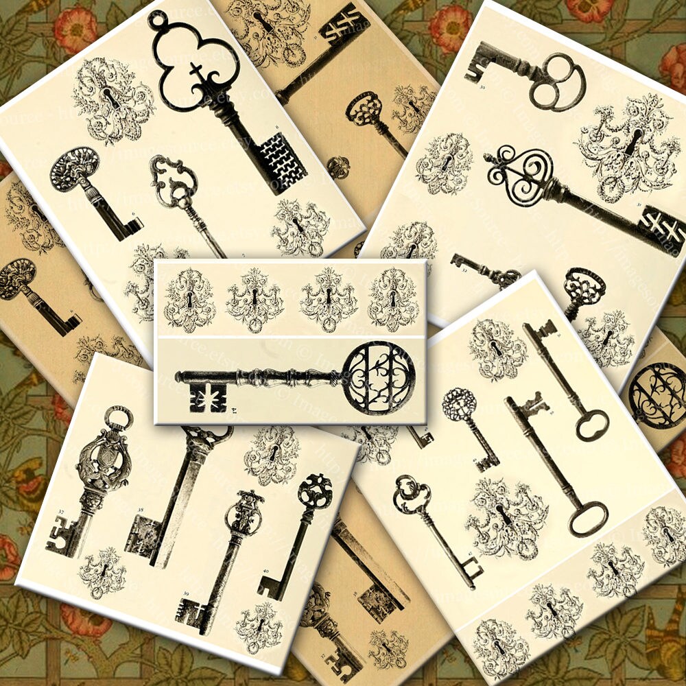 Keys and Keyholes Printable Collage Sheet, Antique Black and White ...
