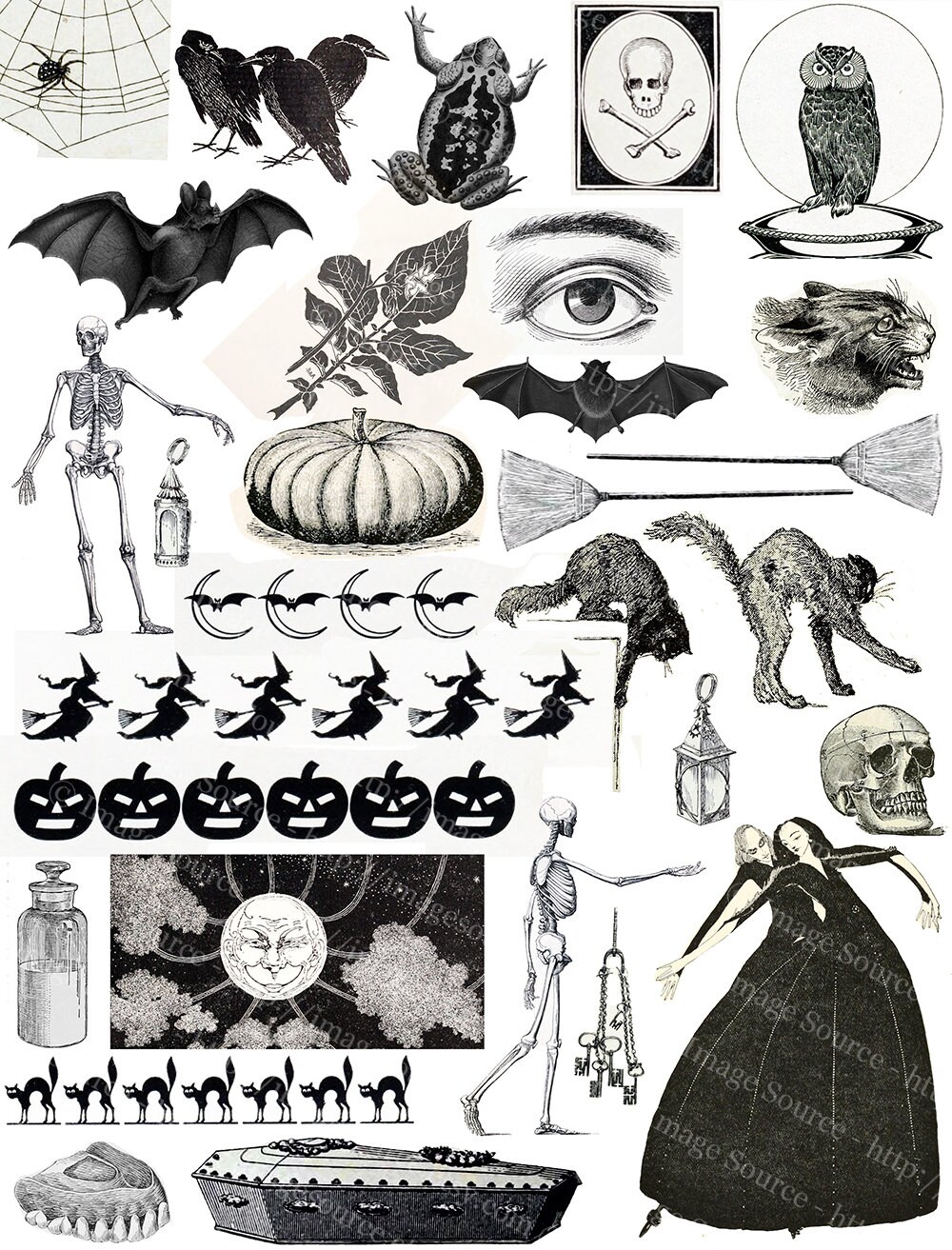 Spooky Halloween Elements Printable Black and White Clip Art - Etsy