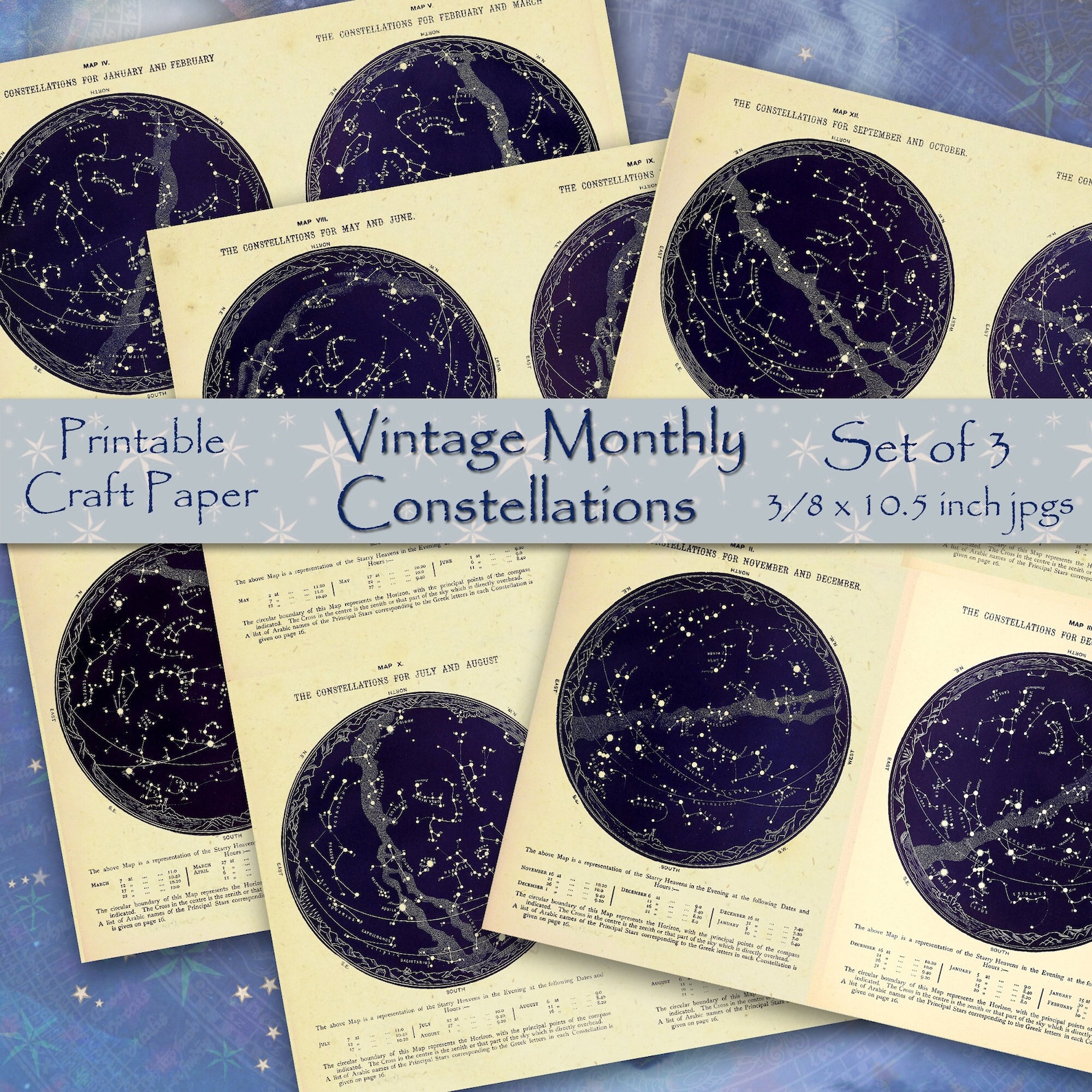 Printable Constellations, Monthly Star Maps, Digital Collage Sheet, Old ...