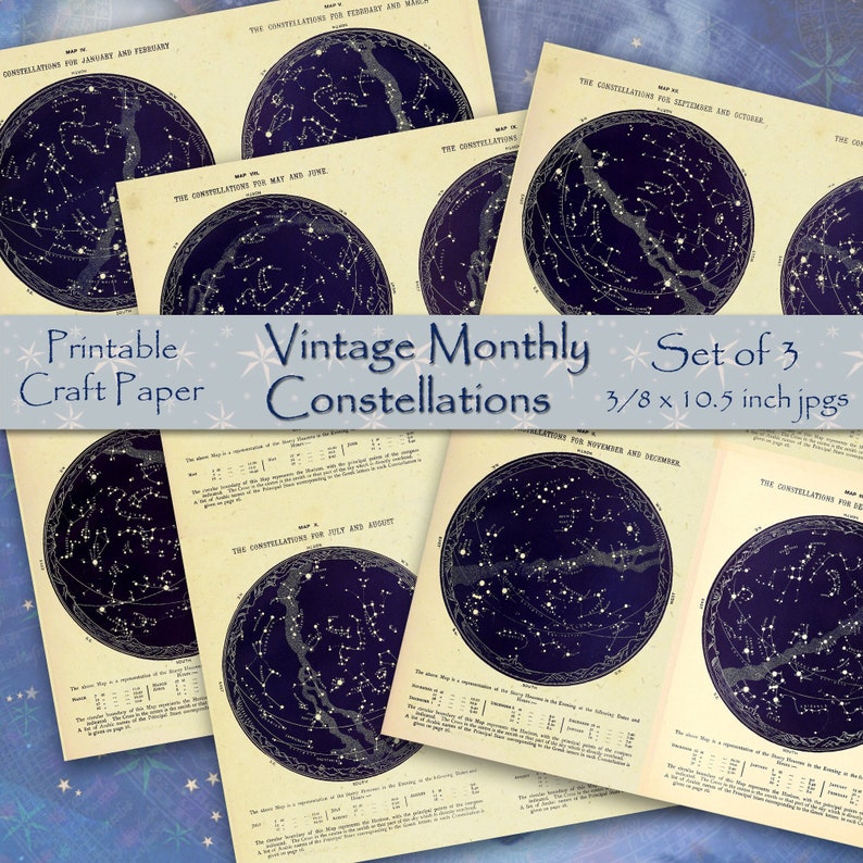 Printable Constellations, Monthly Star Maps, Digital Collage Sheet, Old ...