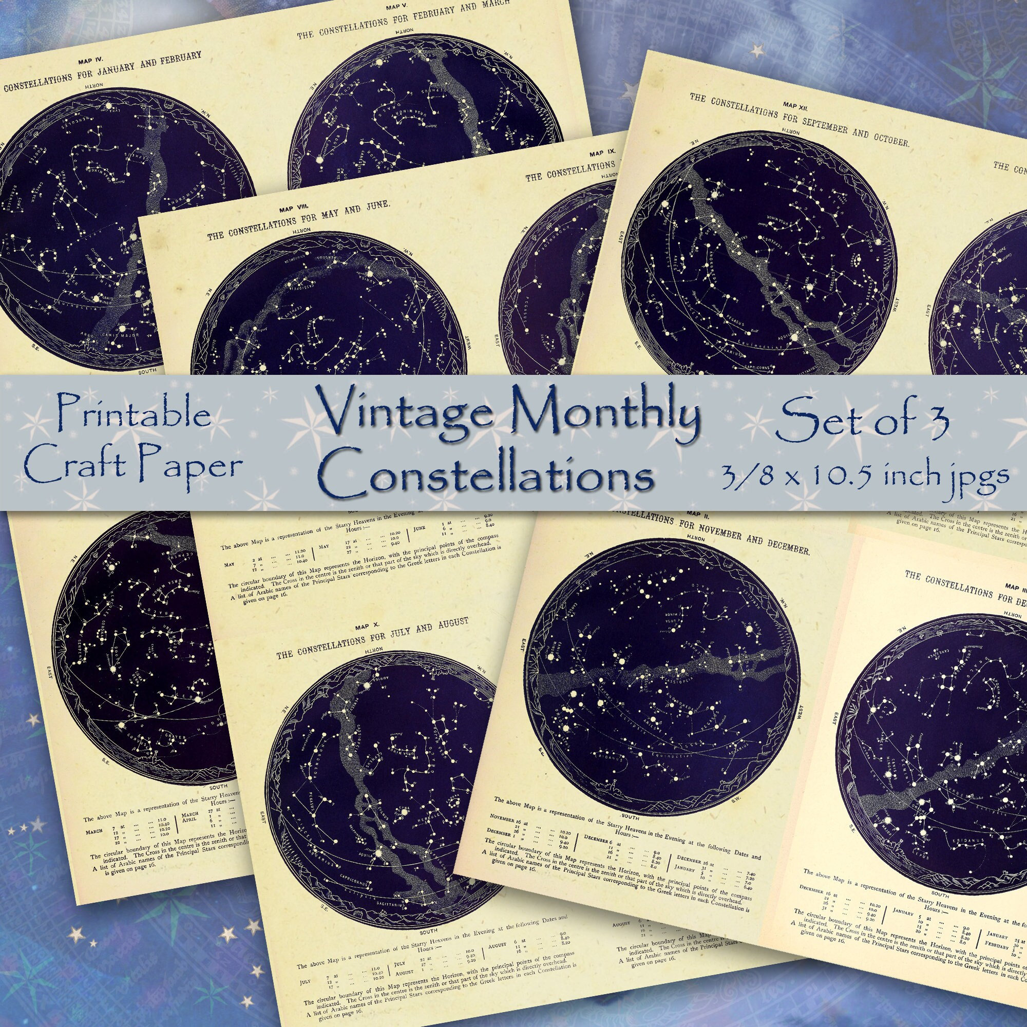 Printable Constellations, Monthly Star Maps, Digital Collage Sheet, Old ...