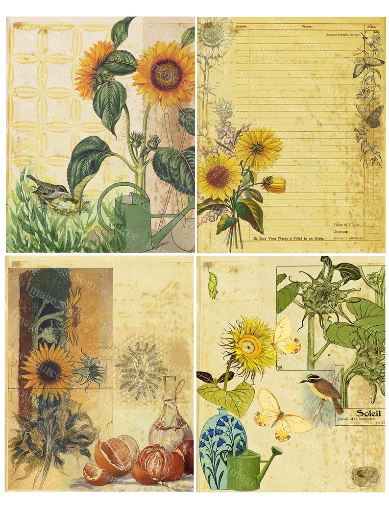 Sunflowers Collage Art Cards, Journal Pages, Scrapbook Backgrounds ...
