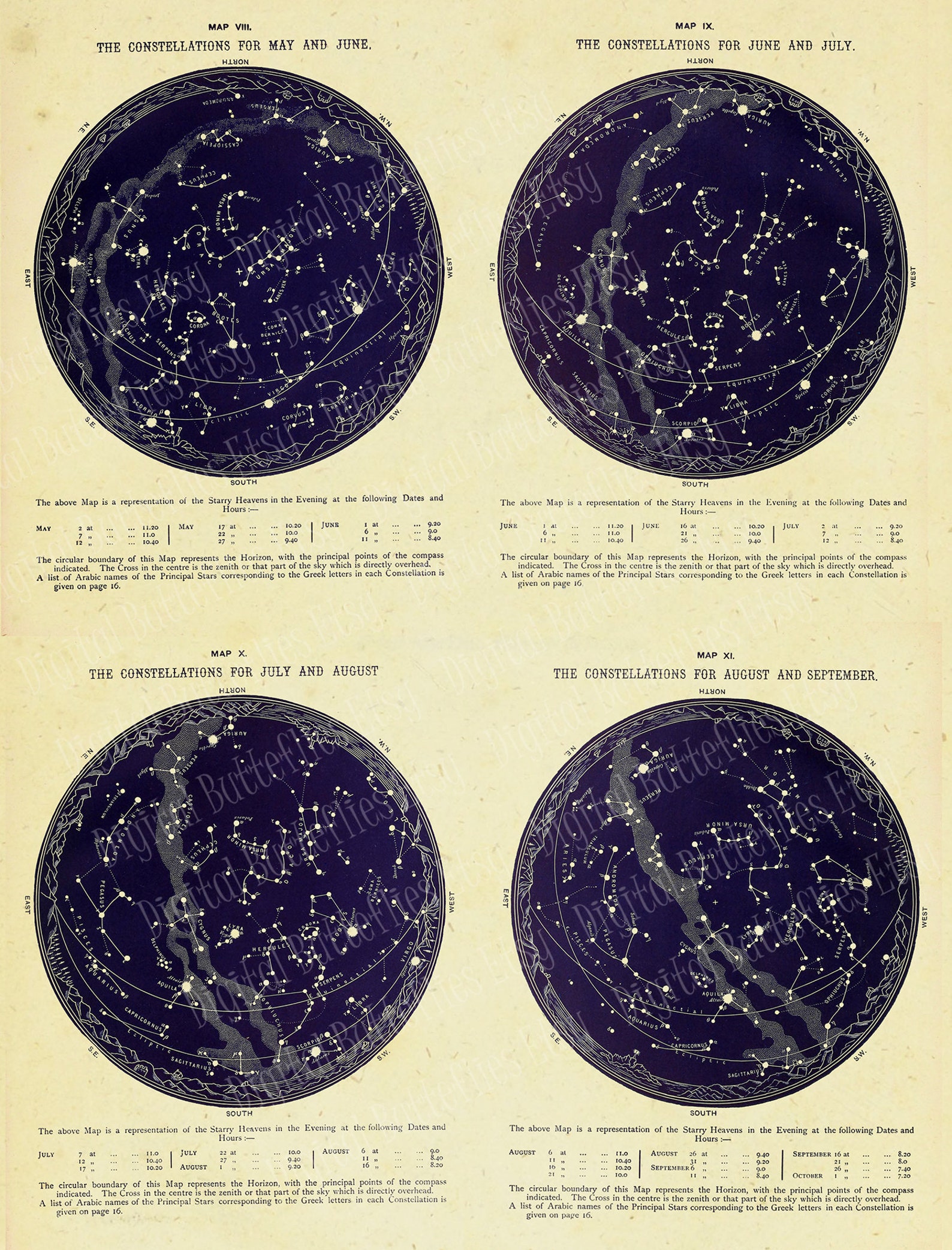 Printable Constellations, Monthly Star Maps, Digital Collage Sheet, Old ...