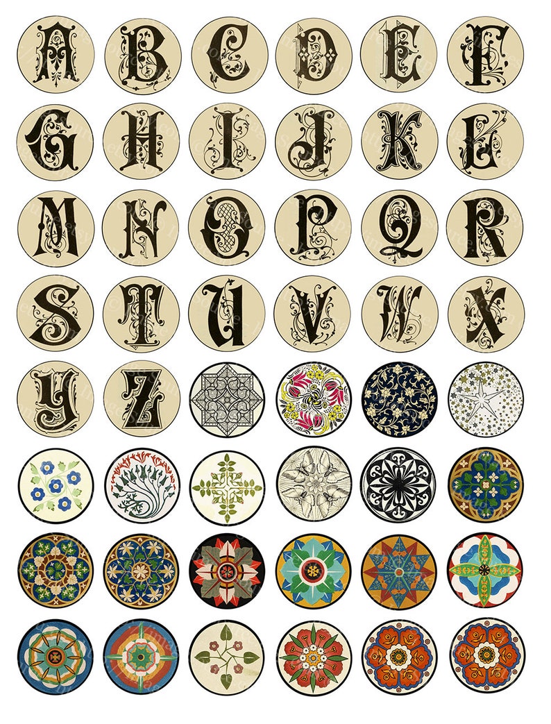 Círculos de alfabeto imprimibles, letras de volutas góticas elegantes y ...