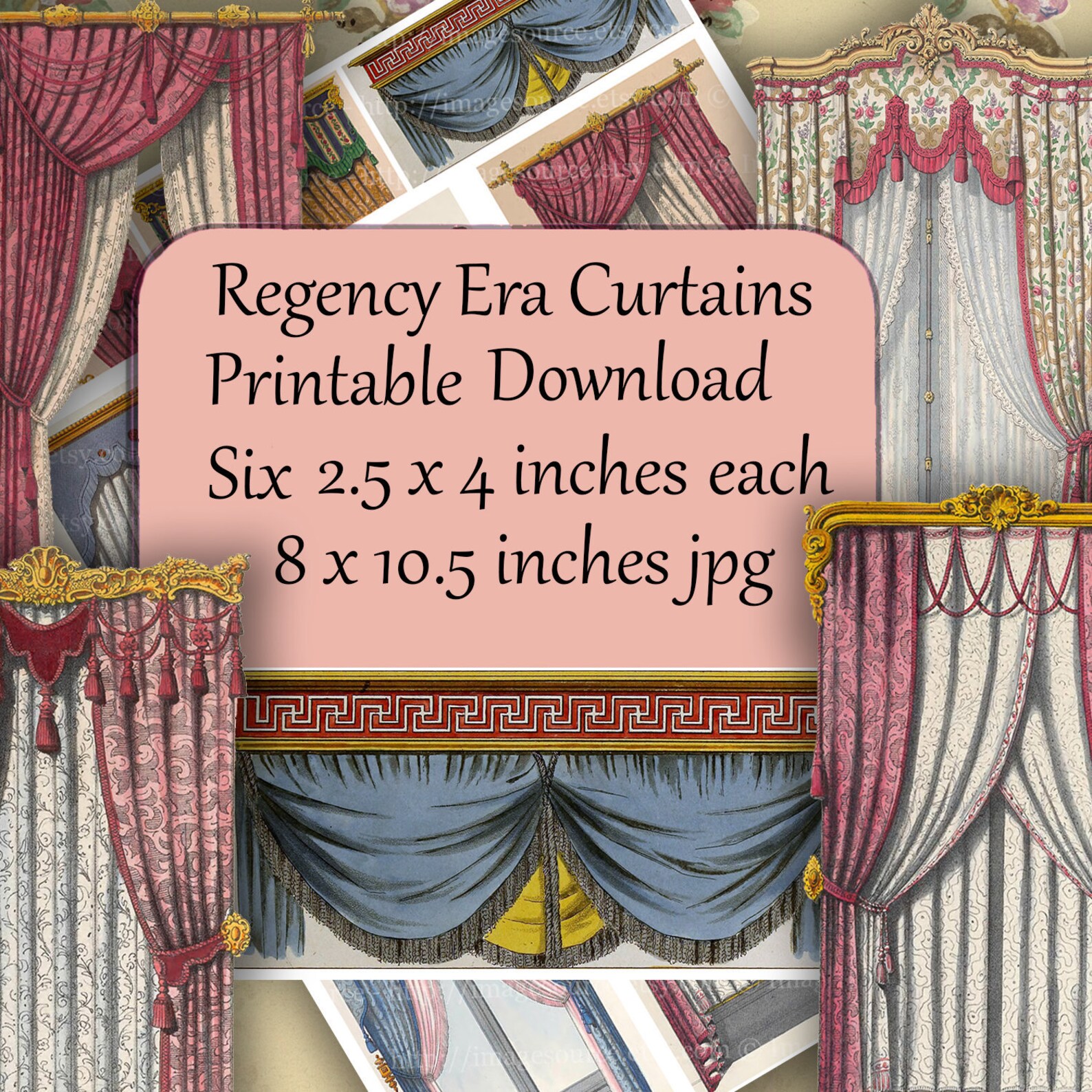 Window Curtains Printable French Regency Era, Digital Collage Sheet ...
