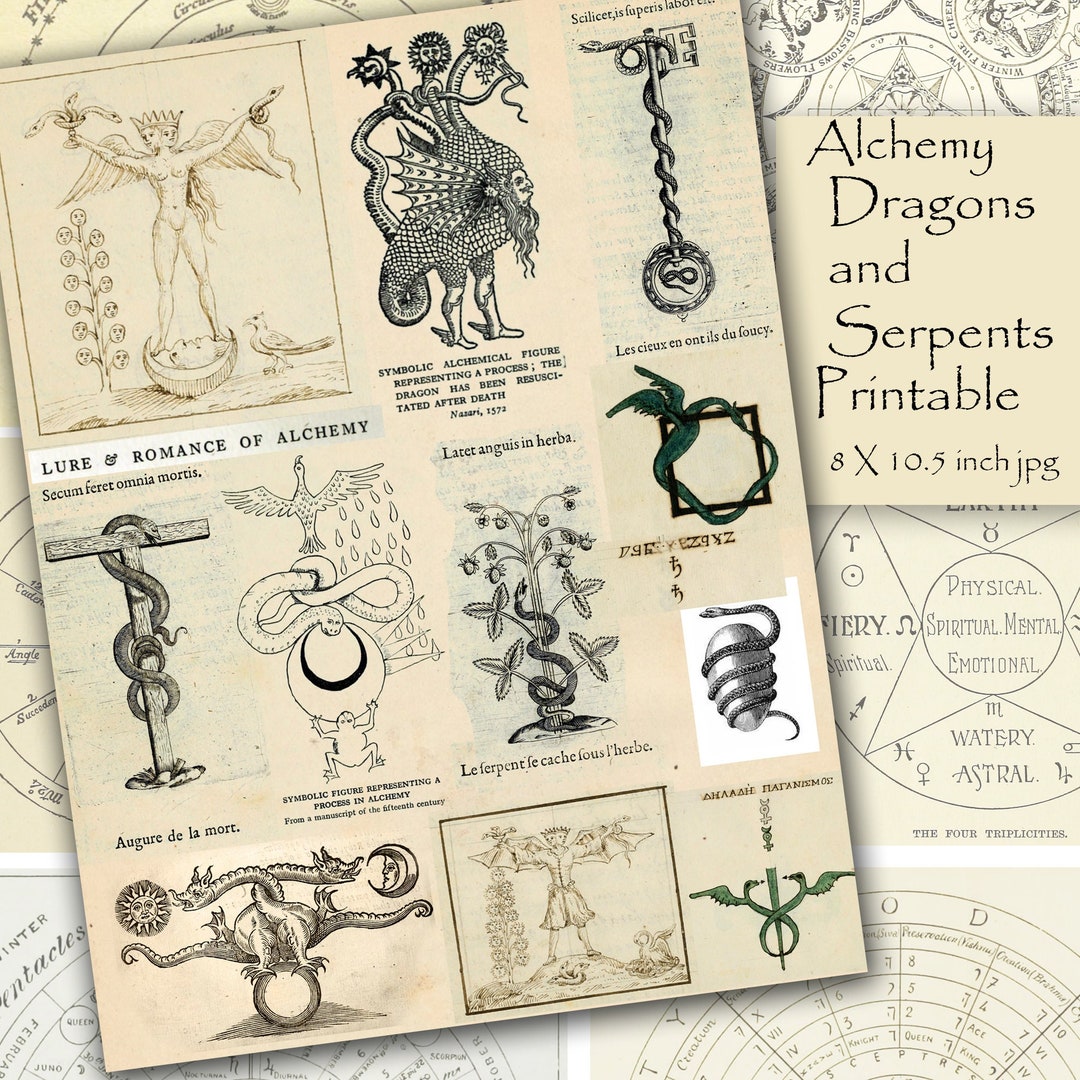Serpents and Dragons Alchemy Printable Collage Sheet, Medieval Mystic ...