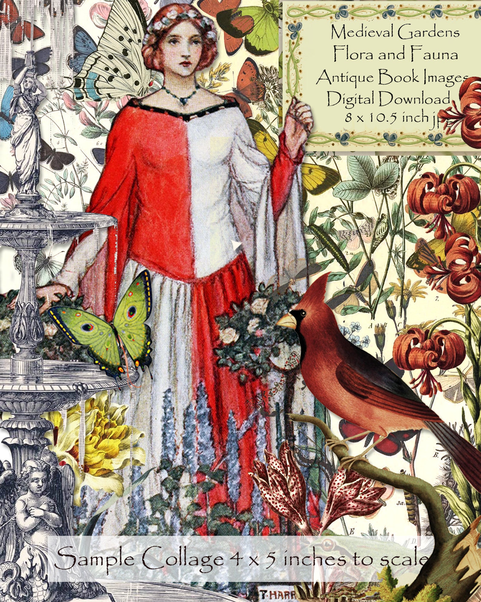 Medieval Garden Printable, Flora and Fauna Colorful Antique Nature ...