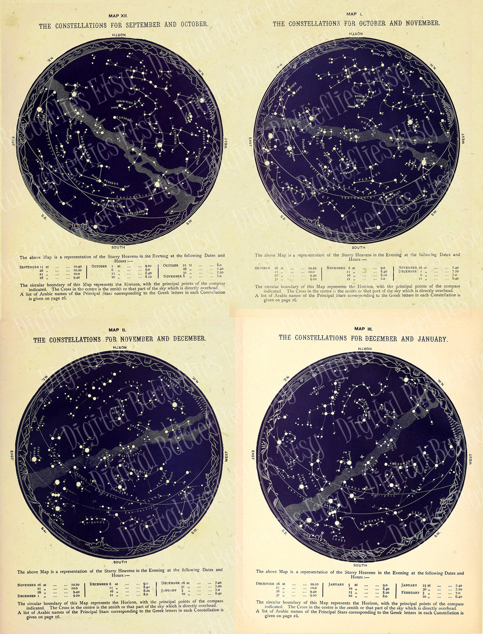 Printable Constellations Monthly Star Maps Digital Collage - Etsy