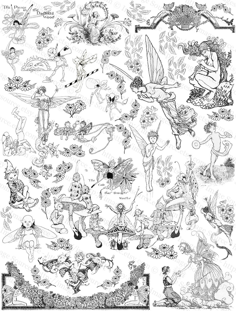 Printable Clip Art Fairies, Elves, and Gnomes, Black and White Line Art ...