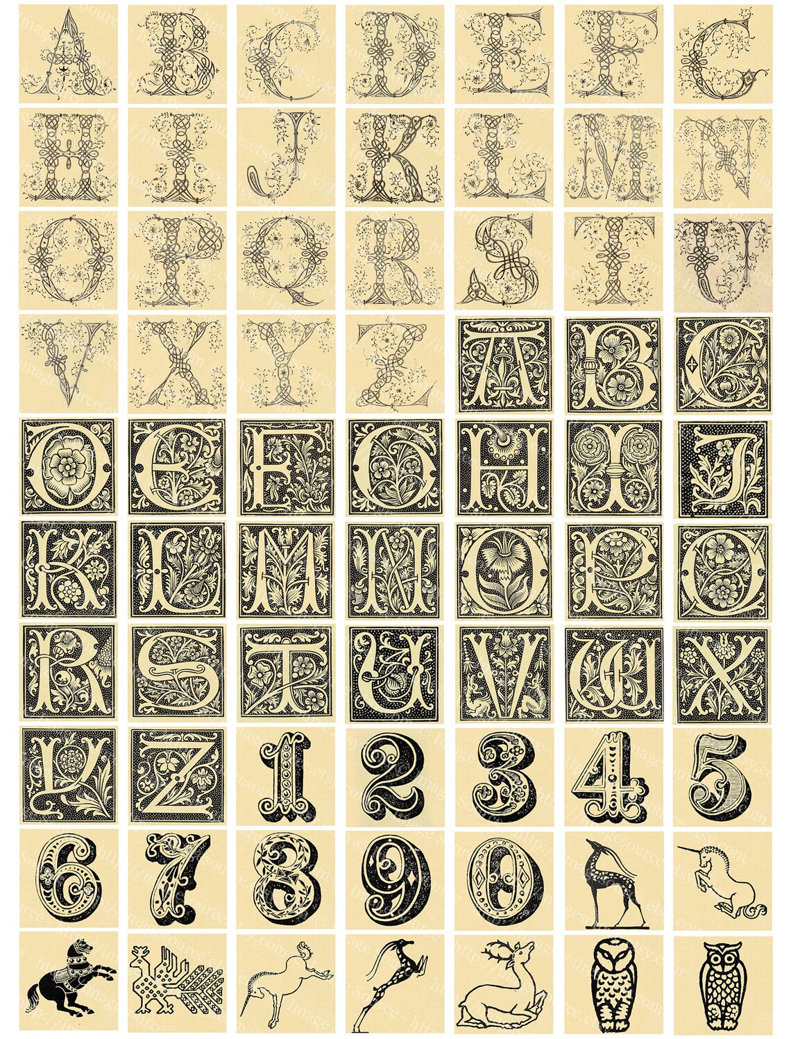 Printable Alphabets Ornamental Letters and Numbers, Digital Collage ...