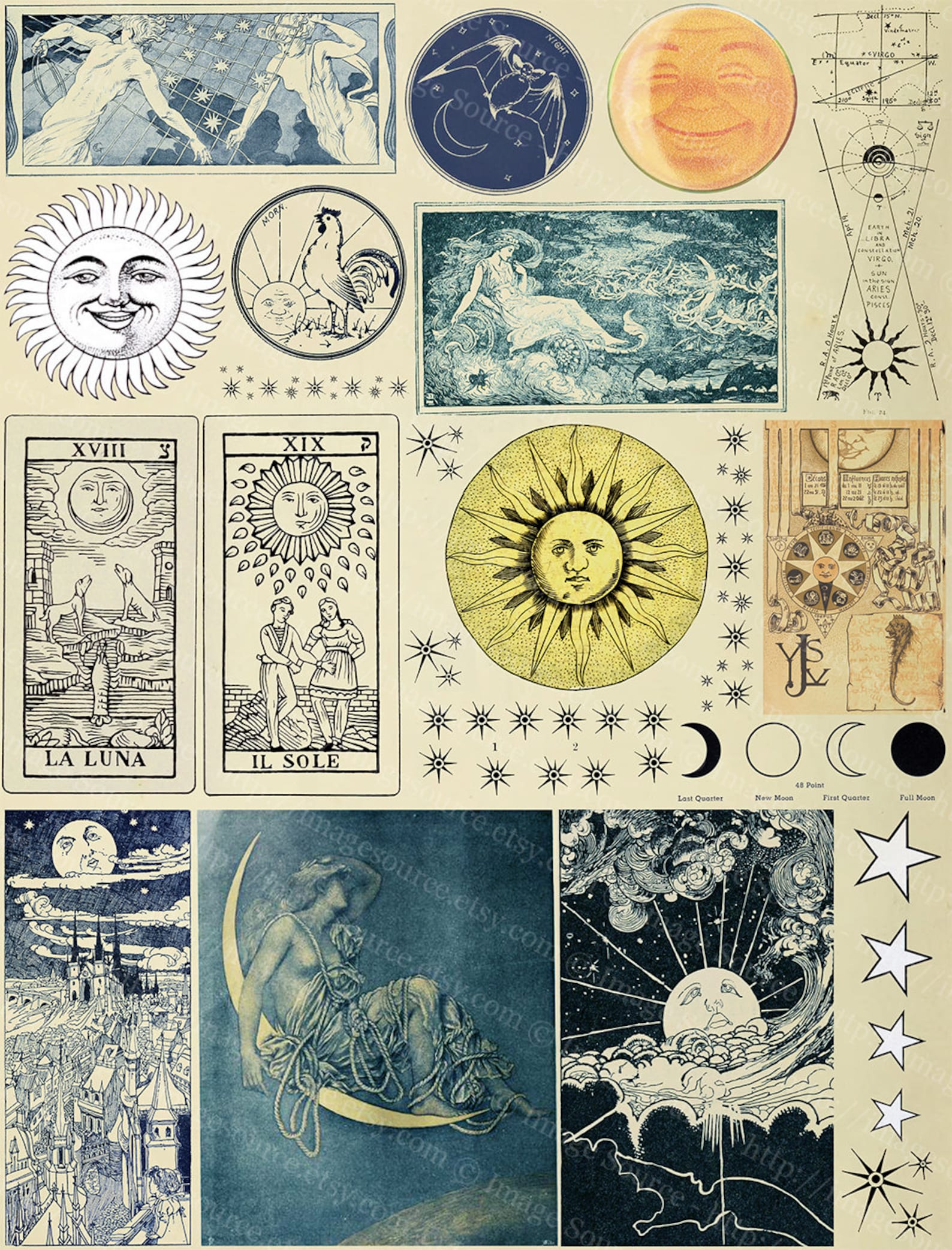 Printable Sun Moon and Stars Vintage Illustrations 8 X 10.5 - Etsy