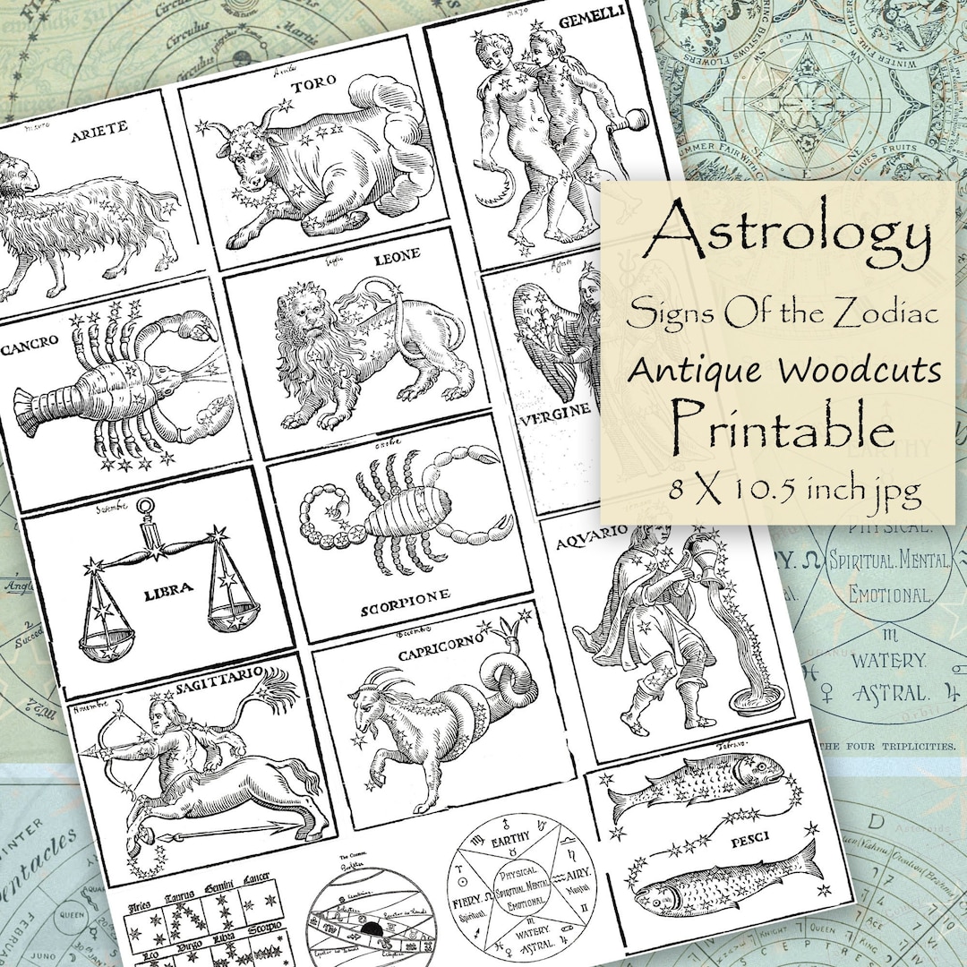 Printable Astrology Signs, Antique Woodcut Sun Signs of the Zodiac ...