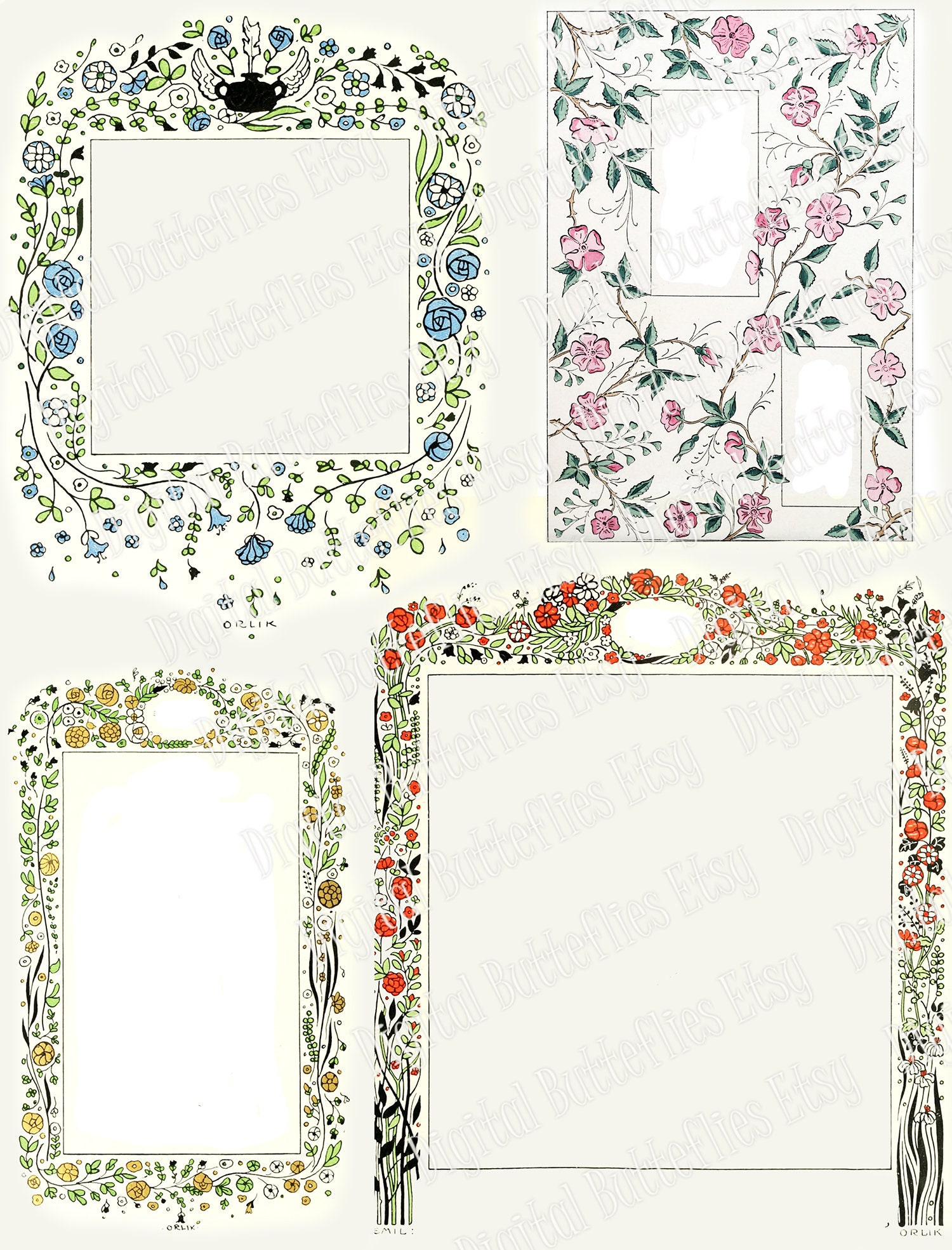 Floral Printable Frames, Cards, and Tags, Vintage Art Deco Watercolor ...