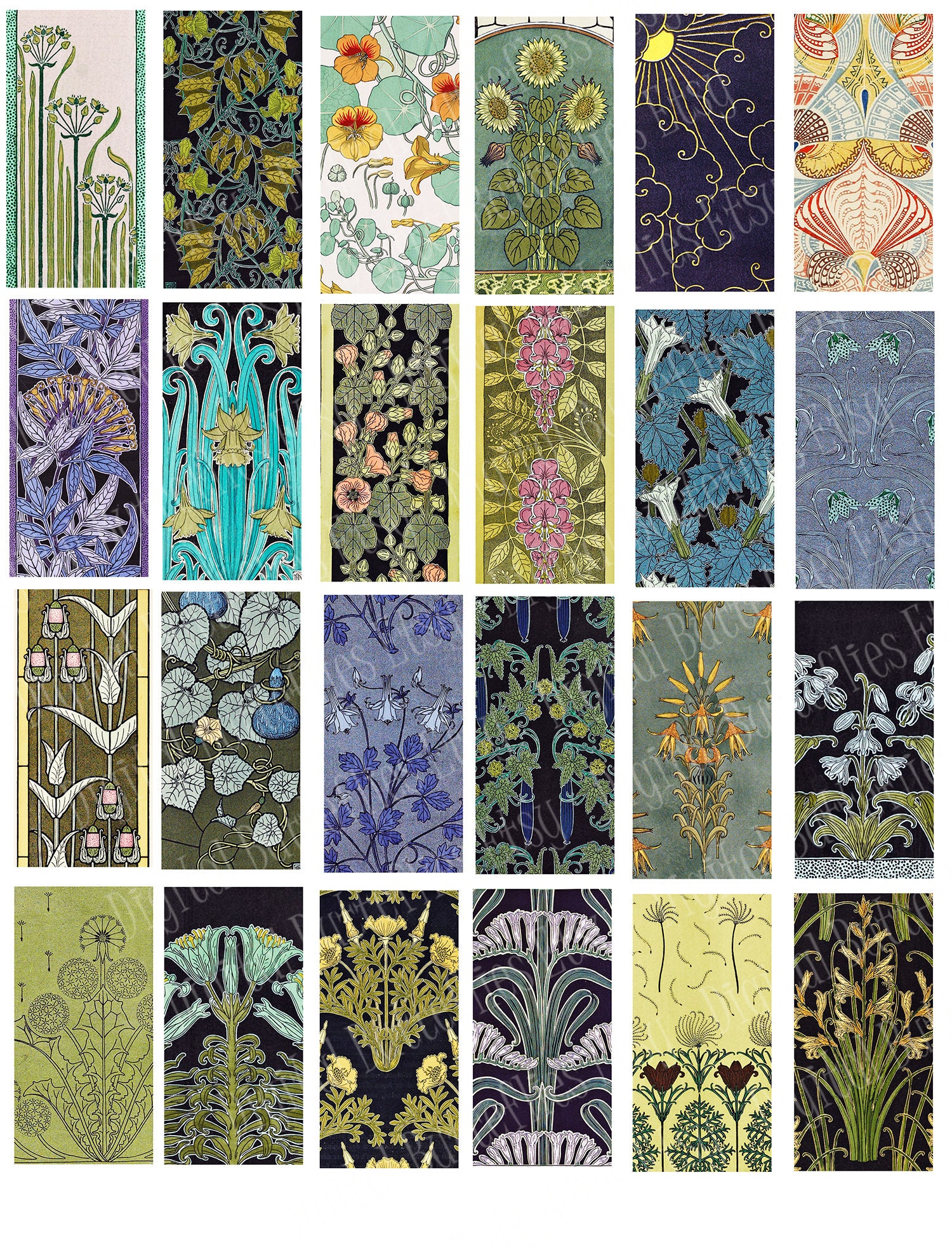 Floral Patterns Printable Art Nouveau 24 Rectangle Images 1 in X 2 Inch ...