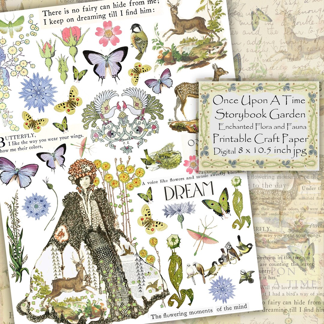 Printable Fairytale Garden Craft Paper, Enchanted Flowers and Wildlife ...