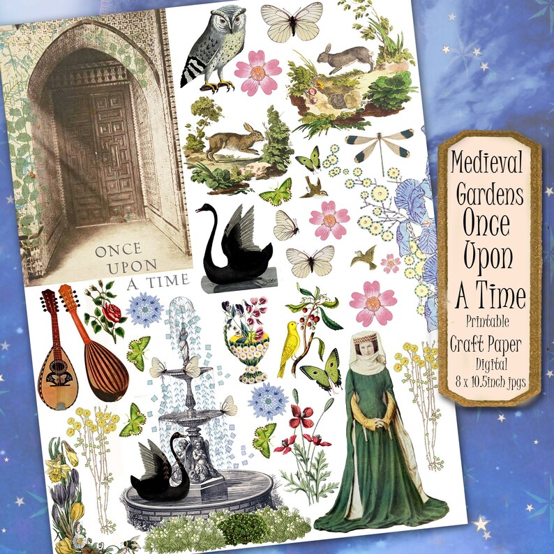 Printable Medieval Gardens, Enchanted Flora and Fauna, Colorful Antique ...