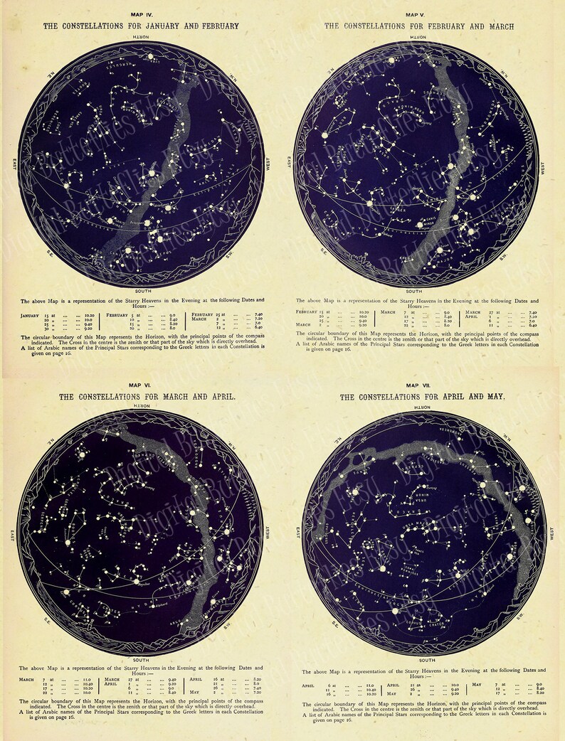 Printable Constellations, Monthly Star Maps, Digital Collage Sheet, Old ...