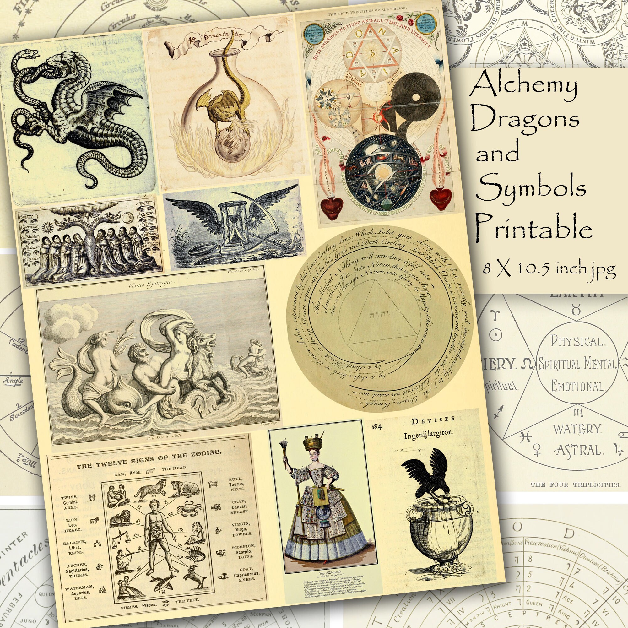Dragons and Mystic Symbols Printable Alchemy Collage Sheet, Occult ...