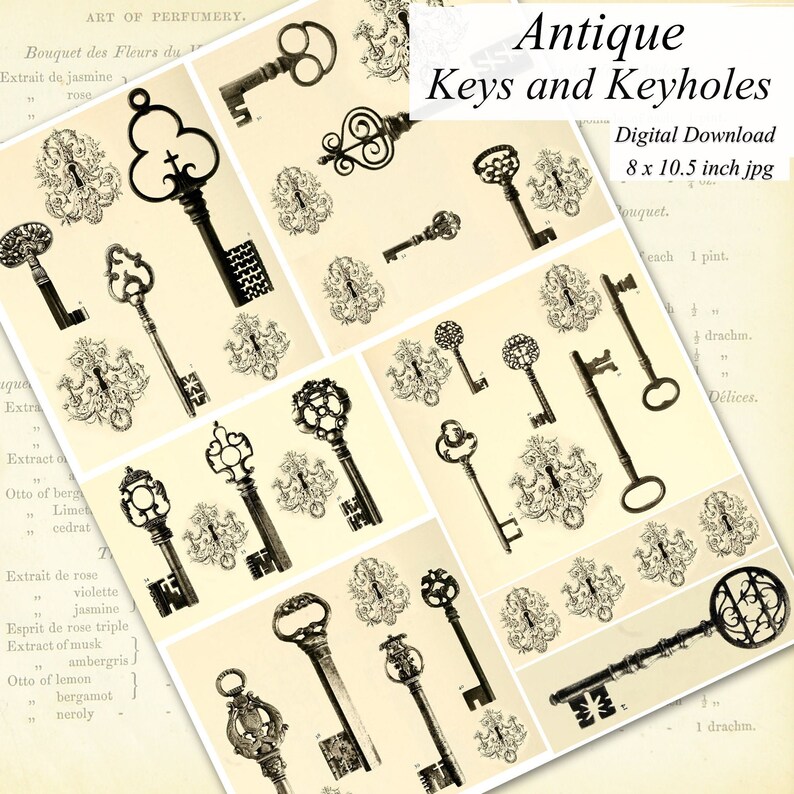 Keys and Keyholes Printable Collage Sheet, Antique Black and White ...