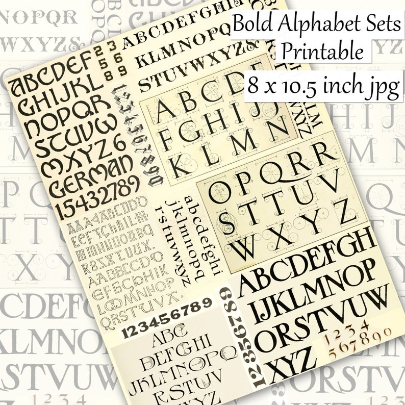 Printable Alphabets and Numbers, Digital Collage Sheet, Bold Vintage ...
