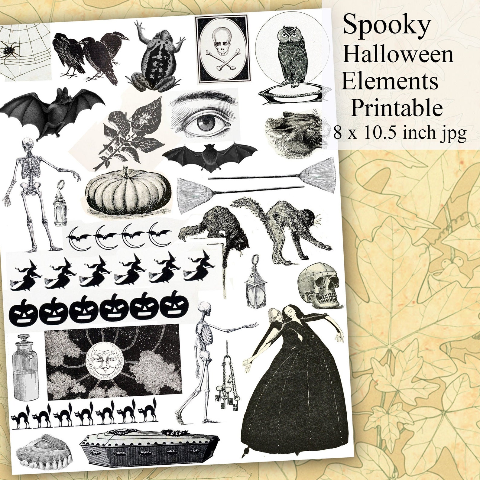 Spooky Halloween Elements Printable Black and White Clip Art - Etsy