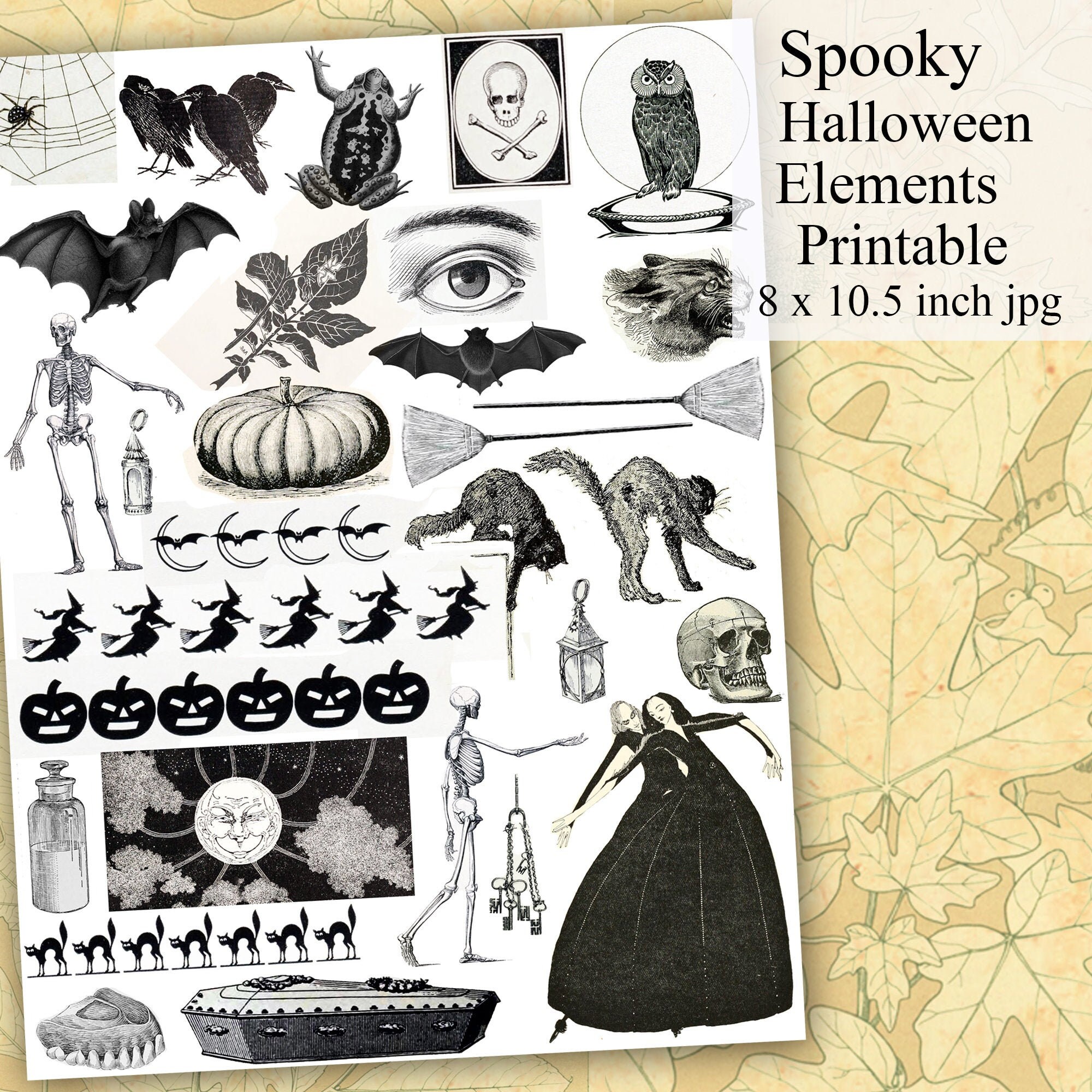 Spooky Halloween Elements Printable Black and White Clip Art - Etsy