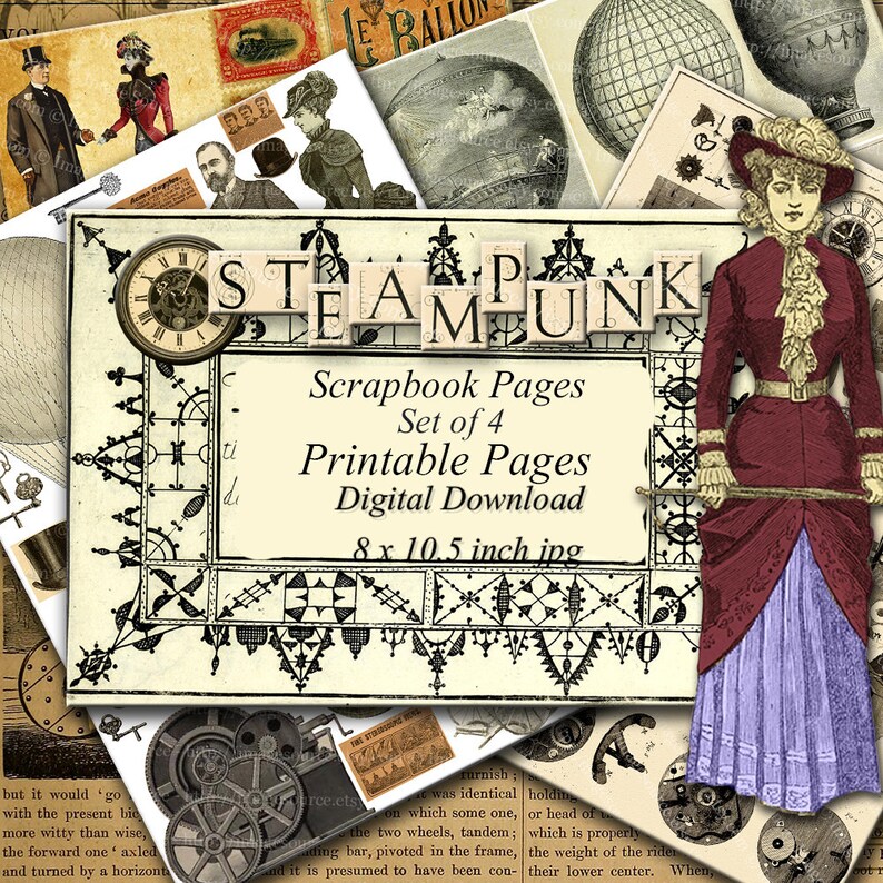 Steampunk Elements Printable Scrapbook Paper Set of 4 - Etsy