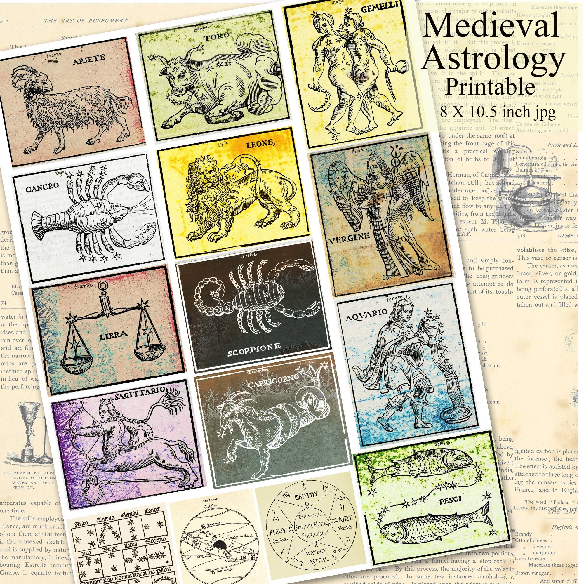 Medieval Astrology Signs, Sun Signs of the Zodiac Printable Collage ...