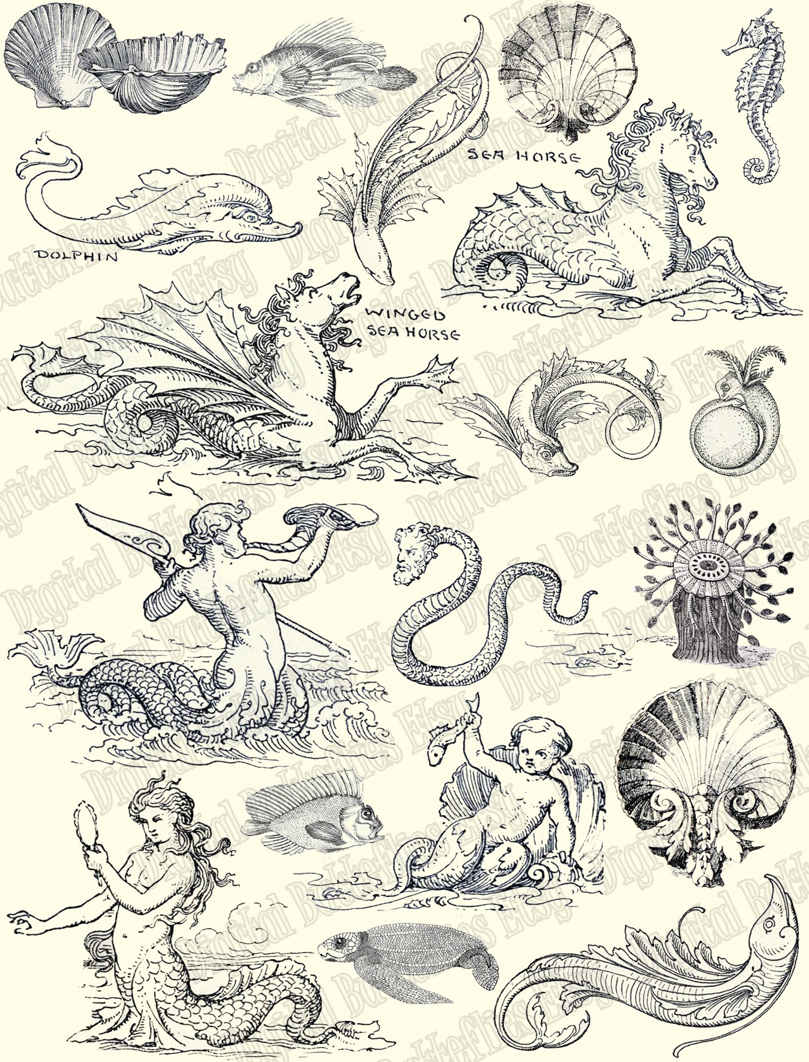 Printable Sea Creatures Clipart, Mermaids, Mythical Sea Horses ...