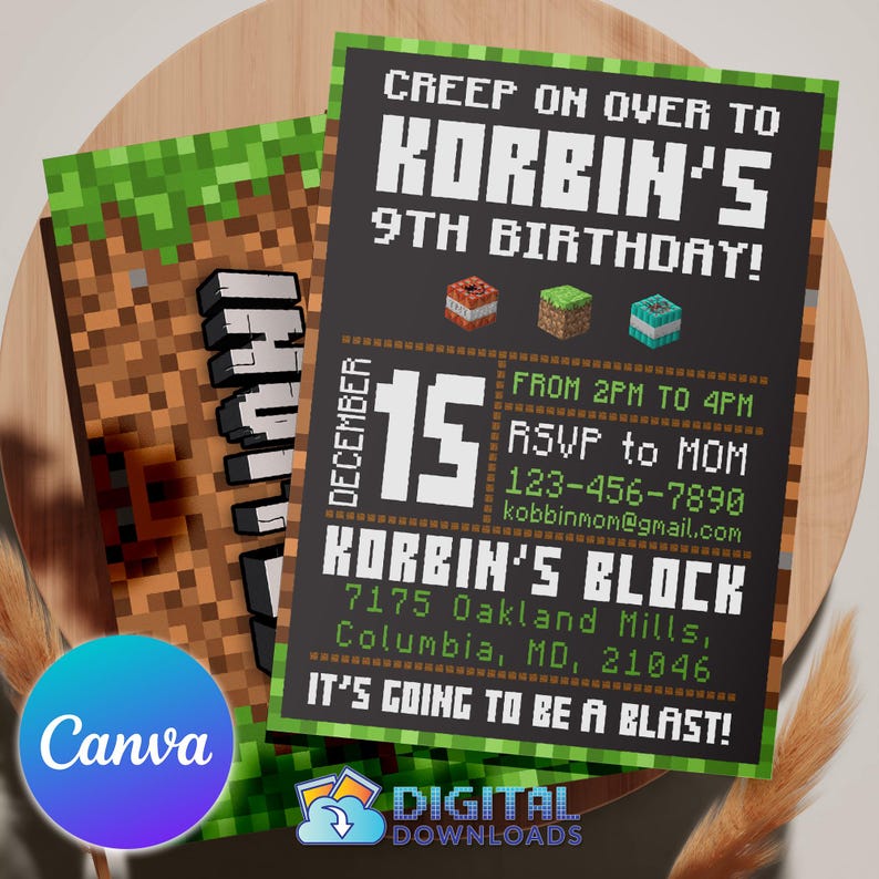 Editable Pixel Birthday Party Invitation Personalized Minecrafts Party ...