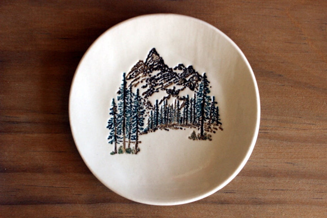Ceramic MOUNTAIN SCENE Dish Handmade Round Porcelain Mountains Trees ...