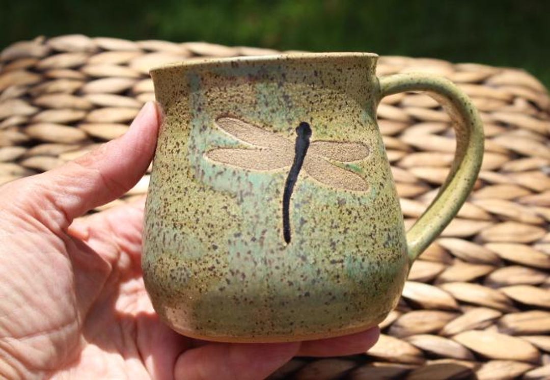 Ceramic DRAGONFLY Coffee Mug - Handmade Speckled Green Dragonfly Flying ...