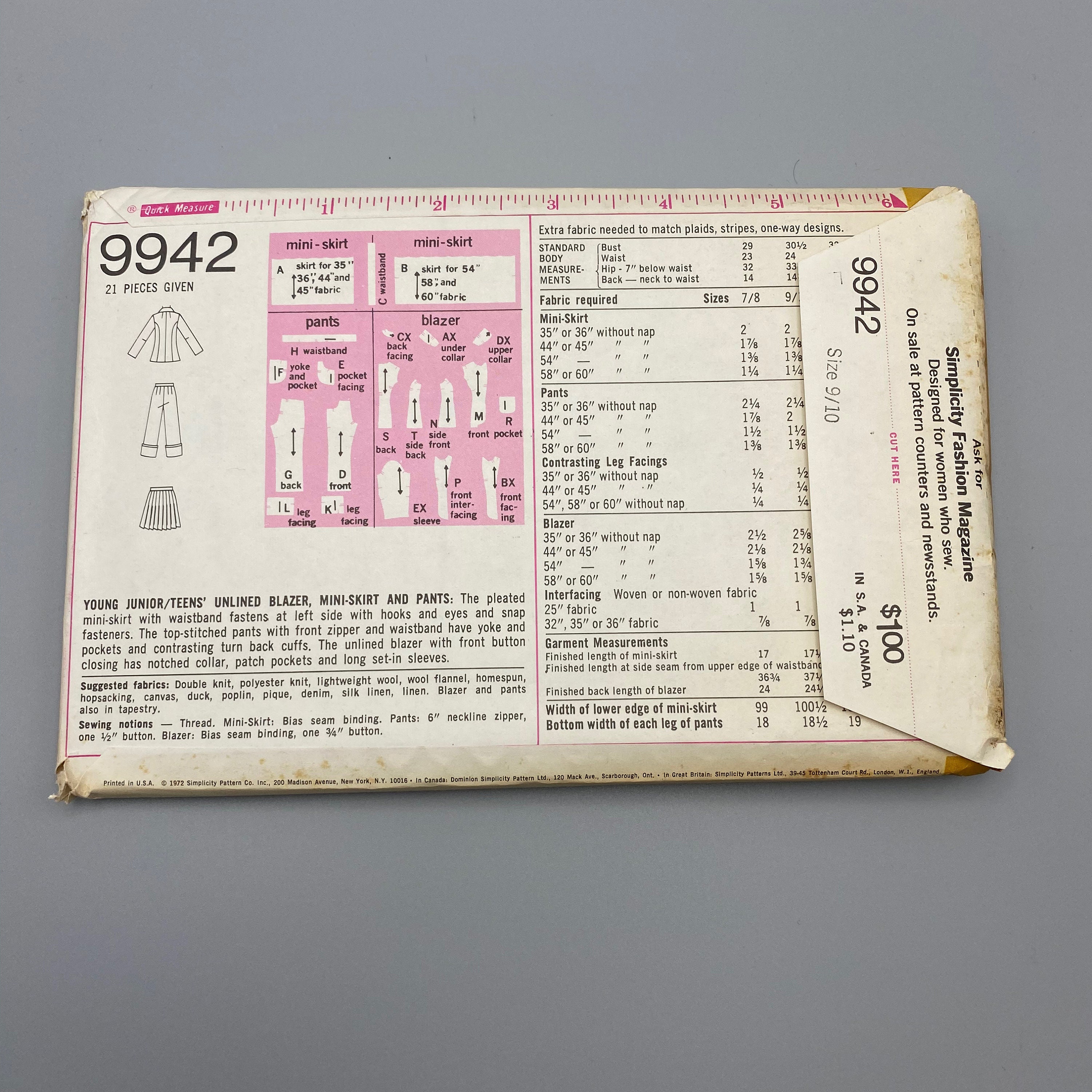 Simplicity 9942 Juniors Size 9 10 Vintage 1970s Teen Outfit - Etsy UK