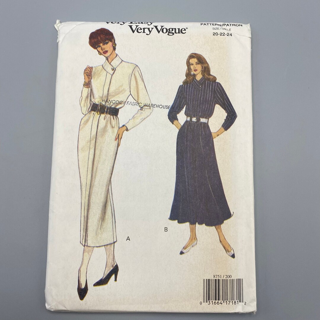 Vogue 8751, Size 20 22 24, 1990s Dress Sewing Pattern, Tapered or ...