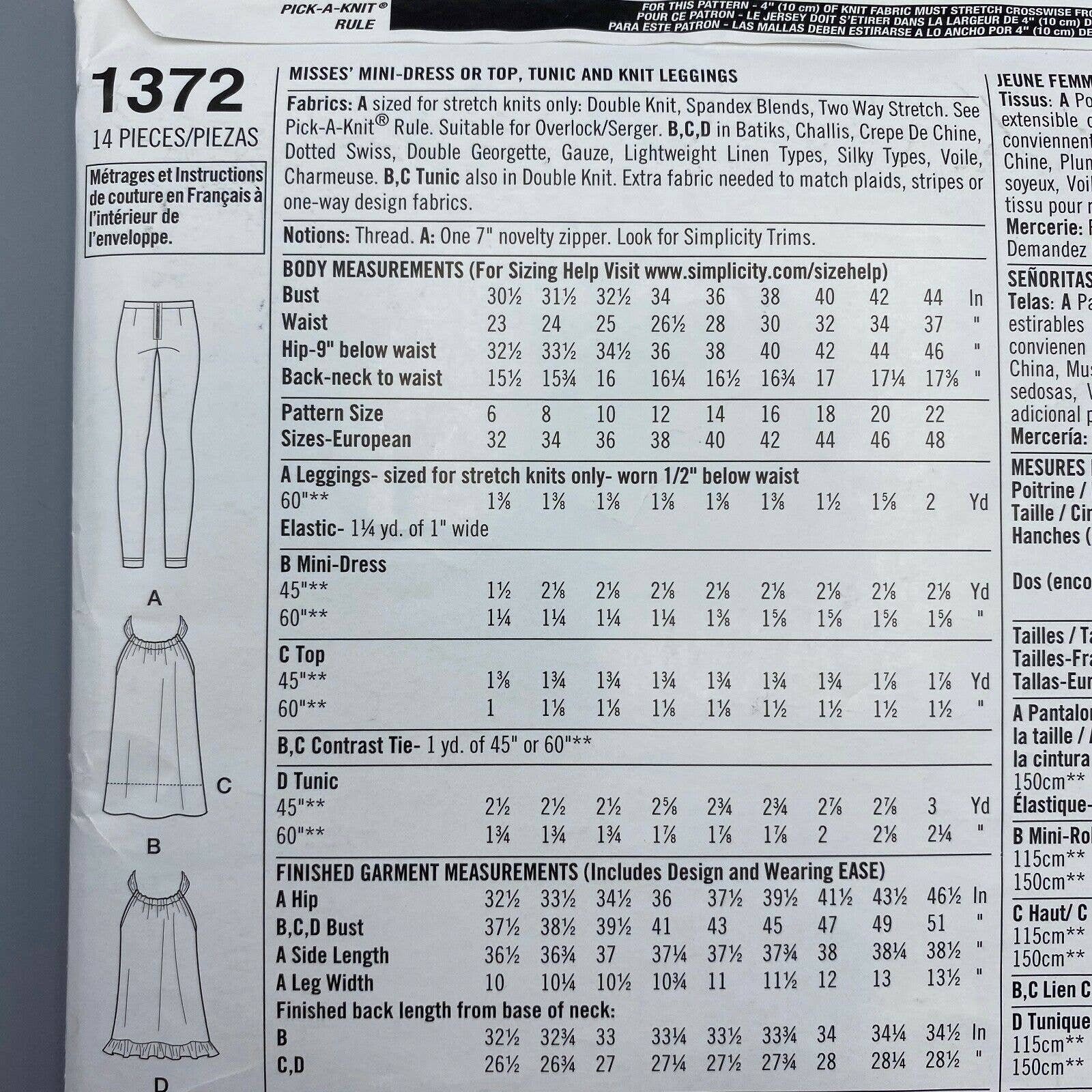 Simplicity 1372 Size 14-22 Misses Mini Dress Top Tunic Leggings Cynthia Rowley - Etsy