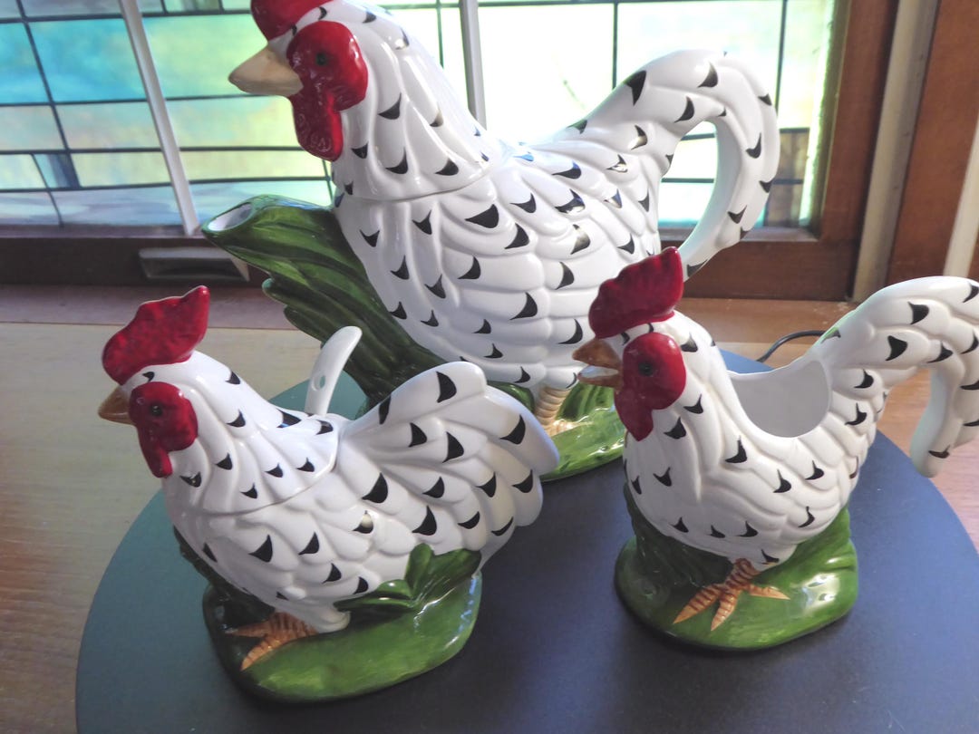 Rooster and Hen Tea Set by Boston Warehouse Six Pieces, Hand Painted ...
