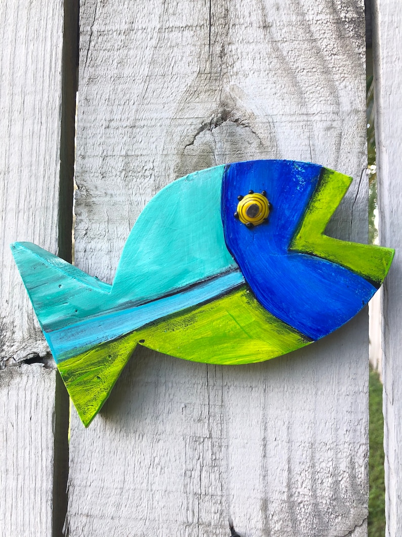 Painted Wooden Fish: Whimsical Beach Decor, Lampwork Glass Eye - Etsy