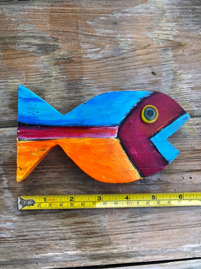 Painted Wooden Fish: Whimsical Beach Decor, Lampwork Glass Eye - Etsy