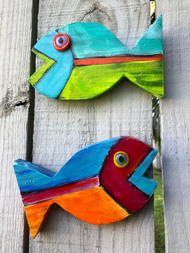 Painted Wooden Fish: Whimsical Beach Decor, Lampwork Glass Eye - Etsy