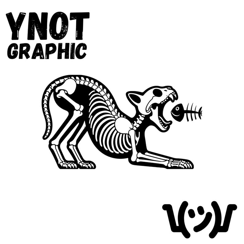 Instant Digital Download, Art Print, Cat, Kitten, Fish, Skeleton, Black ...