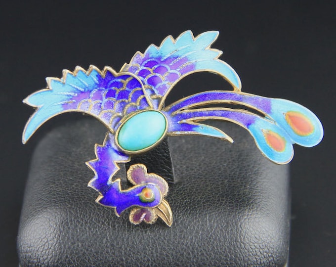Vintage Chinese Enamel Turquoise Brooch, Phoenix, Chinese Export, Gold ...