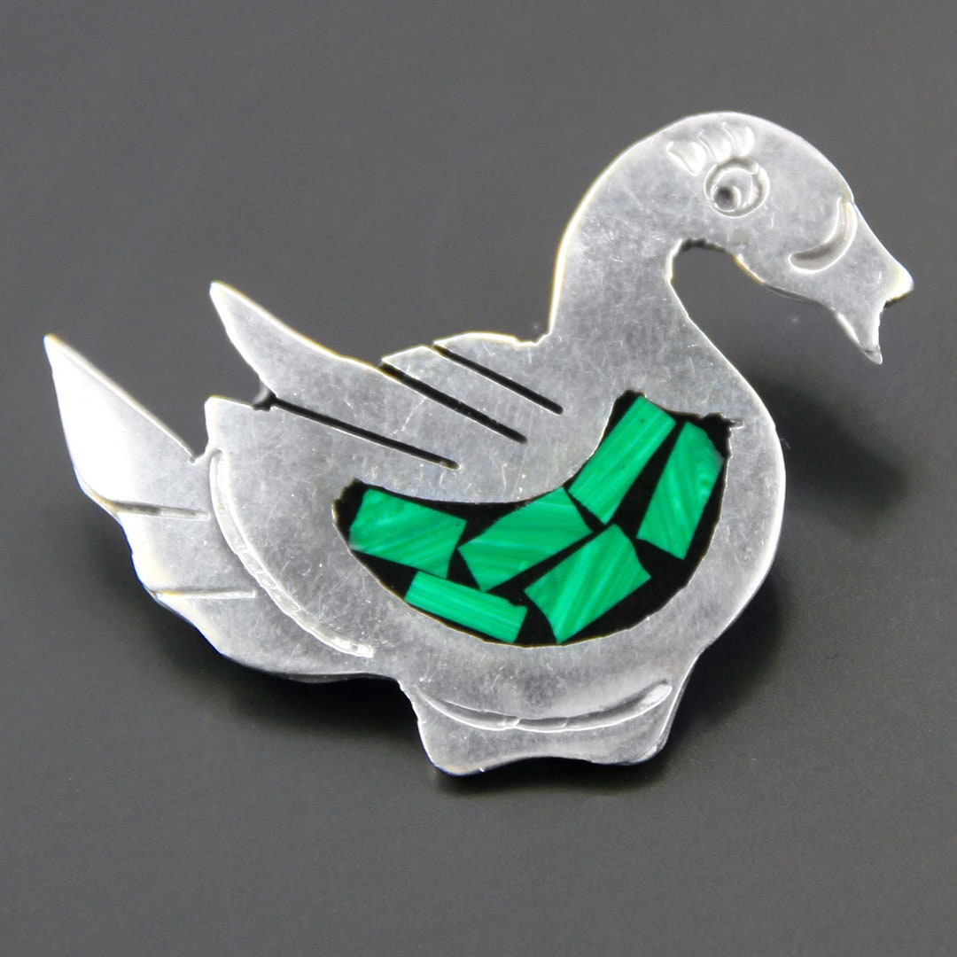 Vintage Mexican Sterling Silver Swan Brooch: Malachite Inlay Bird Pin ...