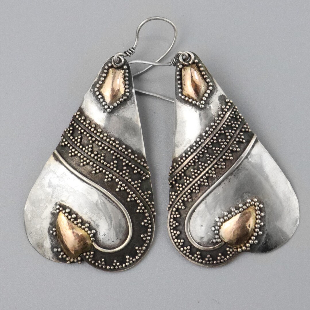 Vintage Huge Sterling Silver + Gold Leaf Overlay Earrings Mixed Metals ...