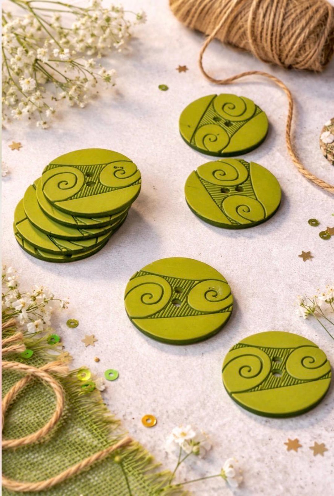 Pretty Vintage Lime Green Buttons With Spiral Patterns for Crafts, Bags ...
