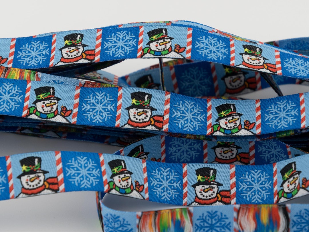 Snowmen With Top Hats and Snowflakes on Blue Ribbon - 1/2-inch Wide ...