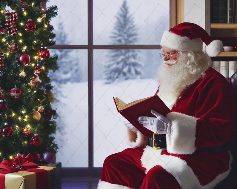 Christmas Santa Reading Book Digital Background, Holiday Portrait ...