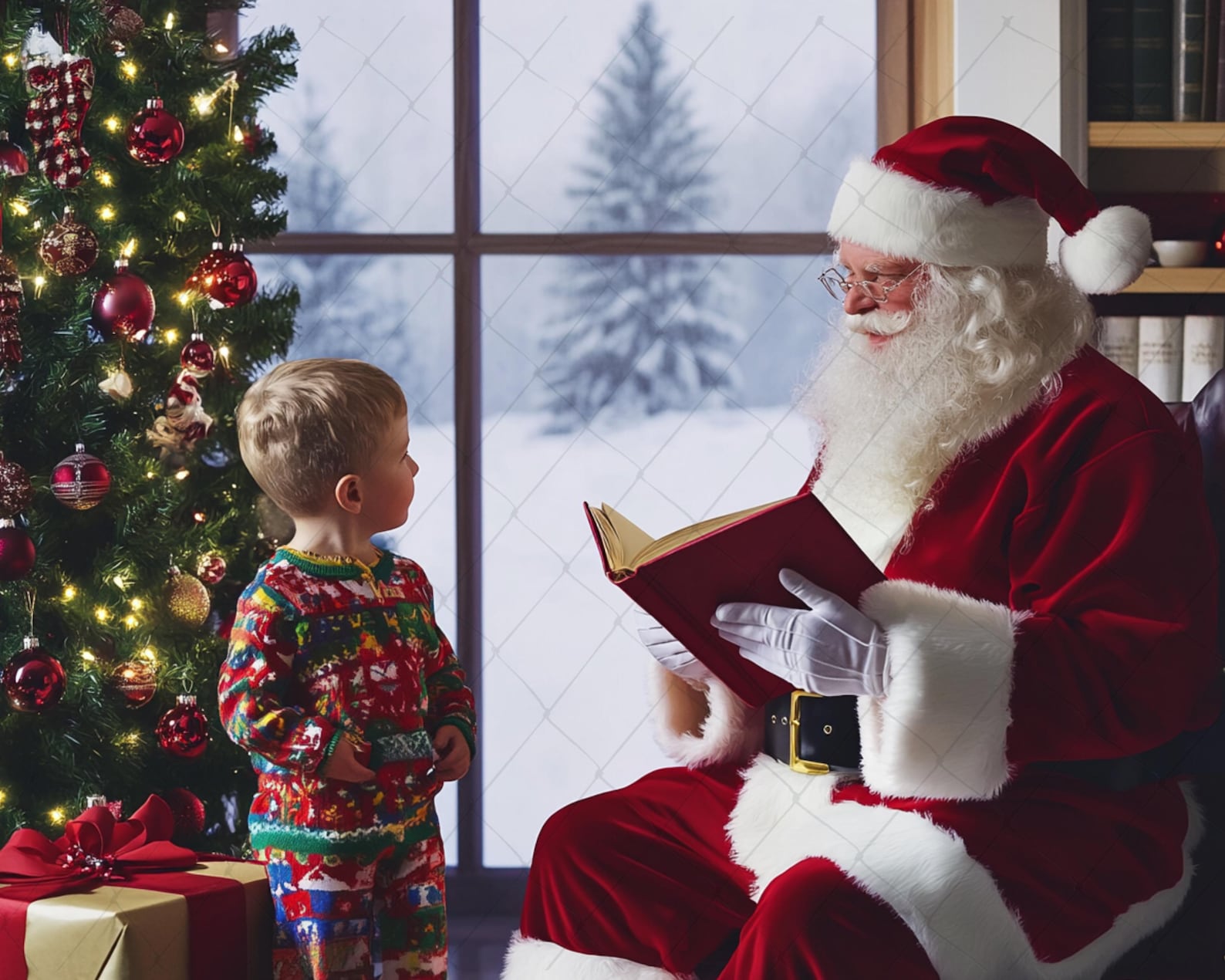 Christmas Santa Reading Book Digital Background, Holiday Portrait ...