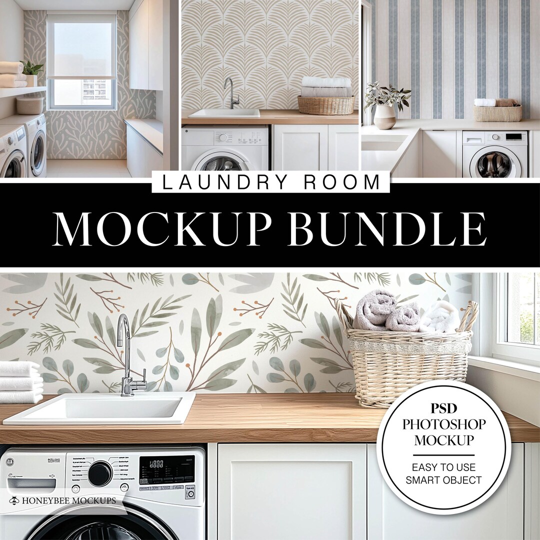 Mockup Bundle, Laundry Room Wallpaper Mockup, Interior Design Mockup ...