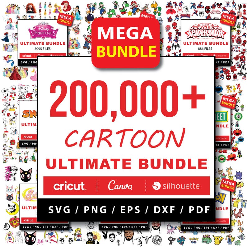 200,000 Mega Cartoon Characters SVG Bundle Layered Svgs for Cricut, PNG ...